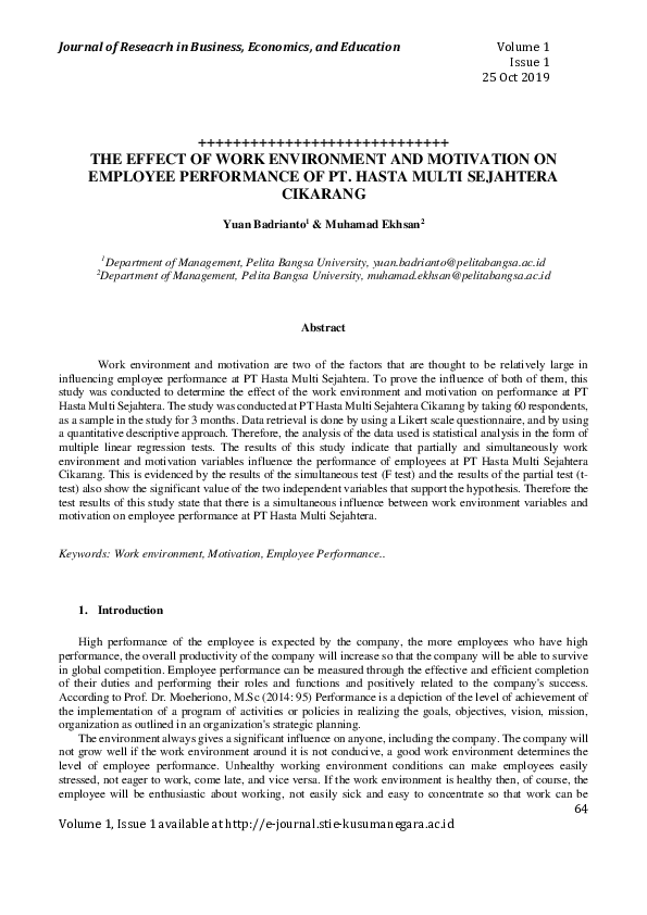 (PDF) The Effect of Work Environment and Motivation on Employee Performance of PT. Hasta Multi ...