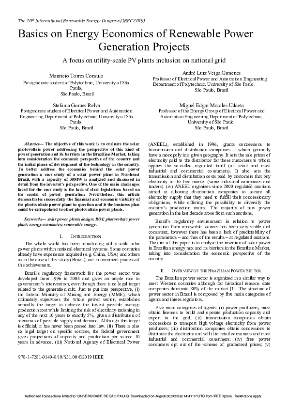 (PDF) Basics on Energy Economics of Renewable Power Generation Projects ...