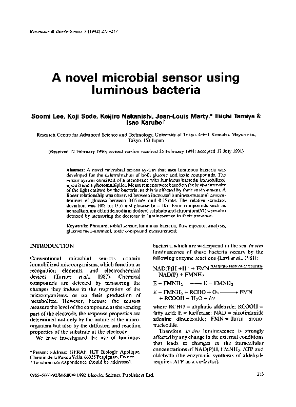 (PDF) A novel microbial sensor using luminous bacteria