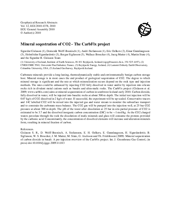 (PDF) Mineral seqestration of CO2 - The CarbFix project
