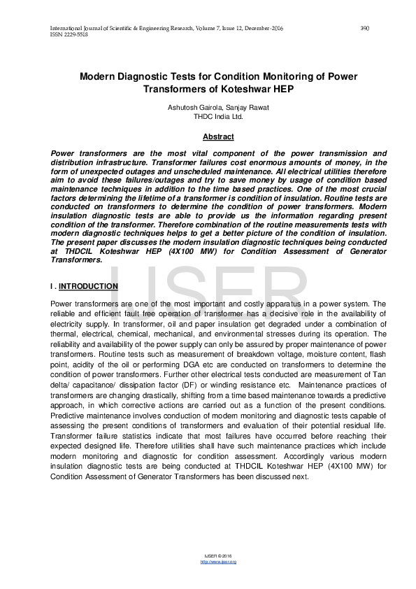 Pdf Modern Diagnostic Tests For Condition Monitoring Of Power