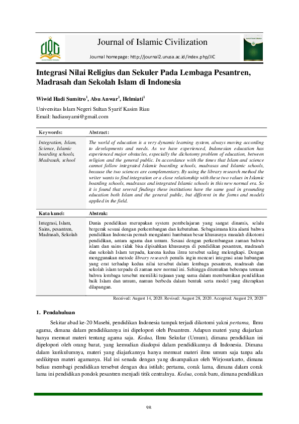 (PDF) Integrasi Nilai Religius dan Sekuler Pada Lembaga Pesantren ...