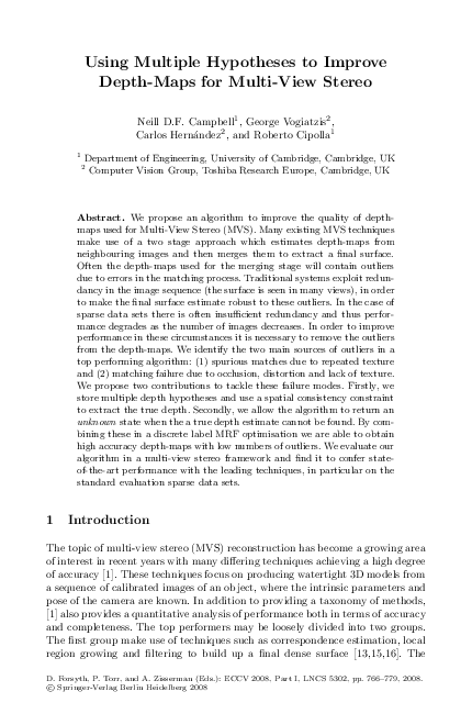 Pdf Using Multiple Hypotheses To Improve Depth Maps For Multi View Stereo
