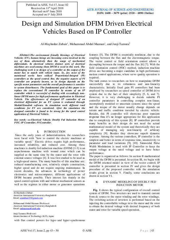 Pdf Design And Simulation Dfim Driven Electrical Vehicles Based On Ip Controller Mohammad