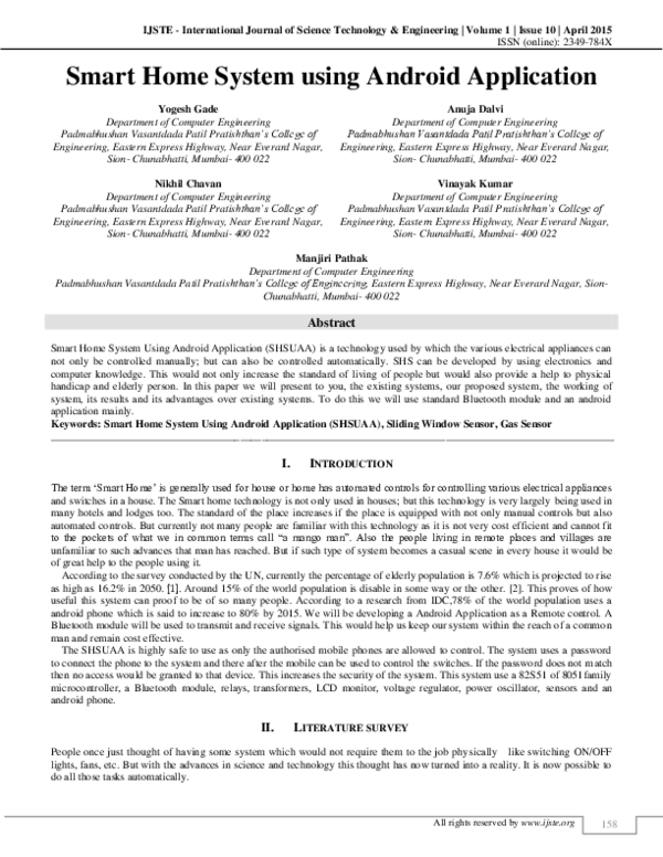 (PDF) Smart home system using android application | Nikhil Chavan ...