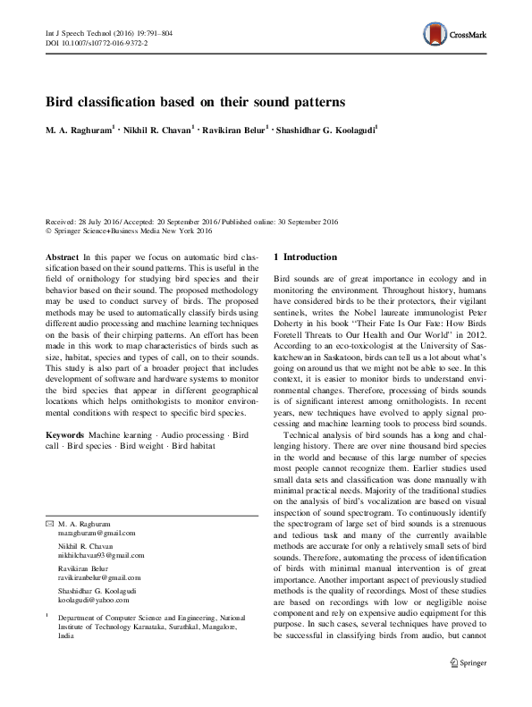 (PDF) Bird classification based on their sound patterns
