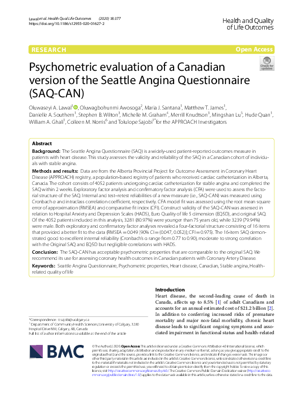 (PDF) Psychometric evaluation of a Canadian version of the Seattle ...