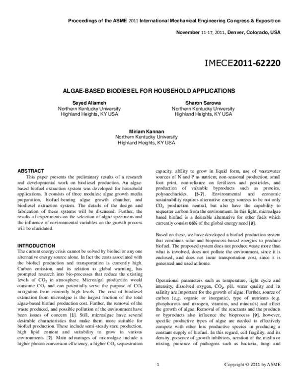 (PDF) Algae-Based Biodiesel for Household Applications