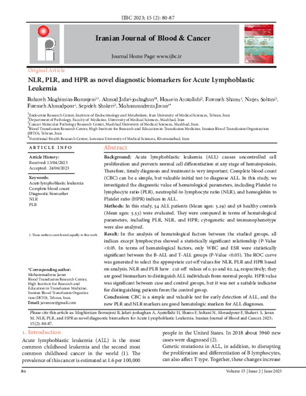 (PDF) NLR, PLR, and HPR as novel diagnostic biomarkers for Acute Lymphoblastic Leukemia ...