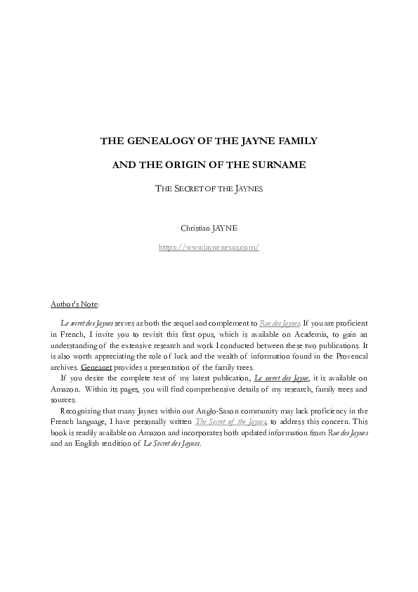 (PDF) THE GENEALOGY OF THE JAYNE FAMILY AND THE ORIGIN OF THE SURNAME ...