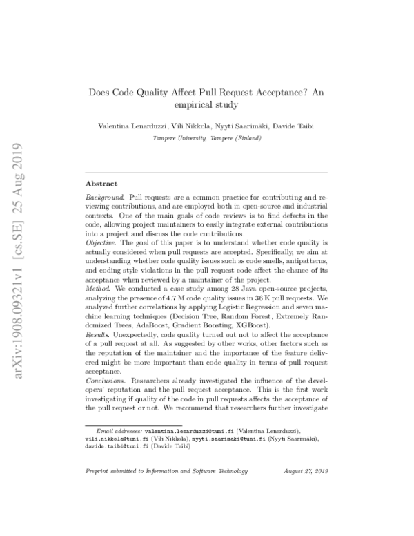 (PDF) Does code quality affect pull request acceptance? An empirical study