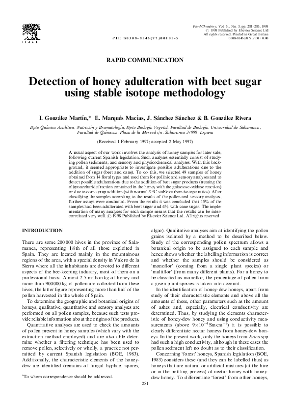 (PDF) Detection of honey adulteration with beet sugar using stable isotope methodology