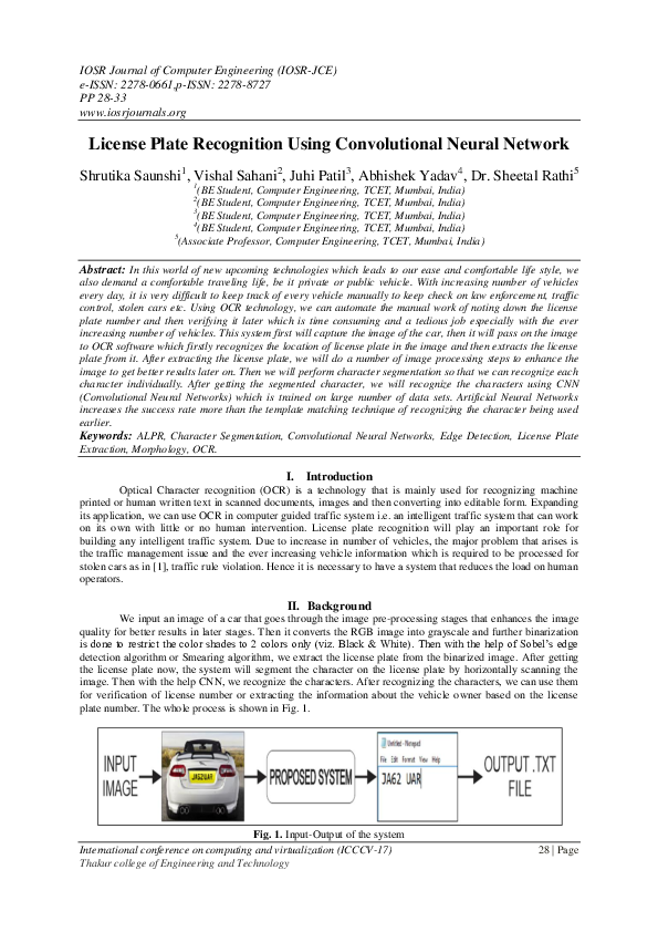 (PDF) License Plate Recognition Using Convolutional Neural Network | Vishal Sahani - Academia.edu