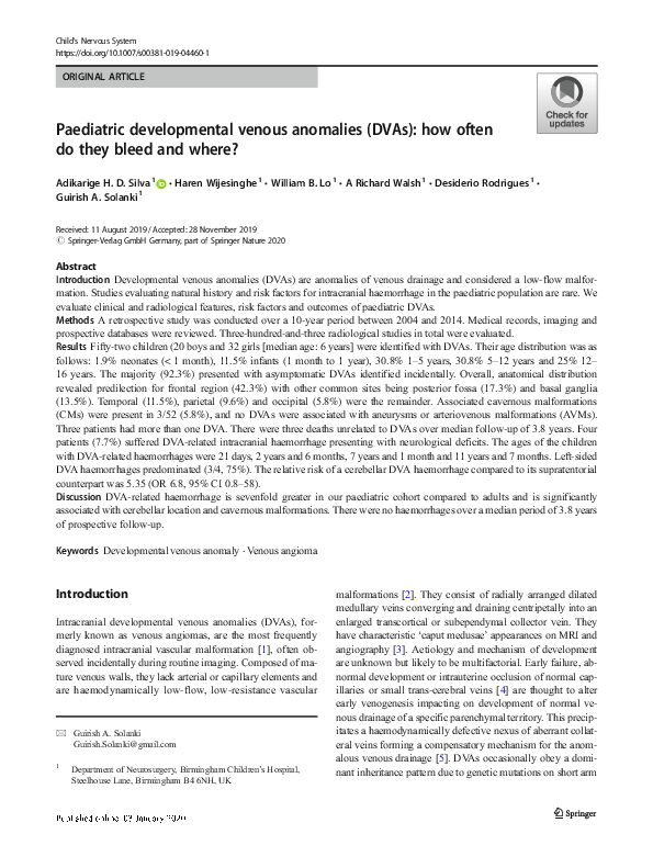 (PDF) Paediatric developmental venous anomalies (DVAs): how often do they bleed and where?
