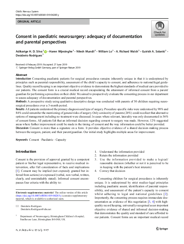 (PDF) Consent in paediatric neurosurgery: adequacy of documentation and ...