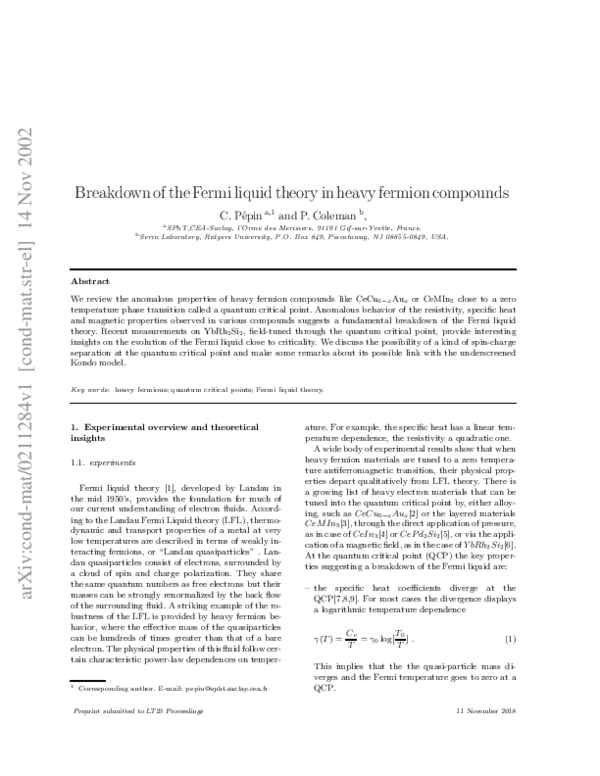 (PDF) Breakdown of the Fermi liquid theory in heavy fermion compounds