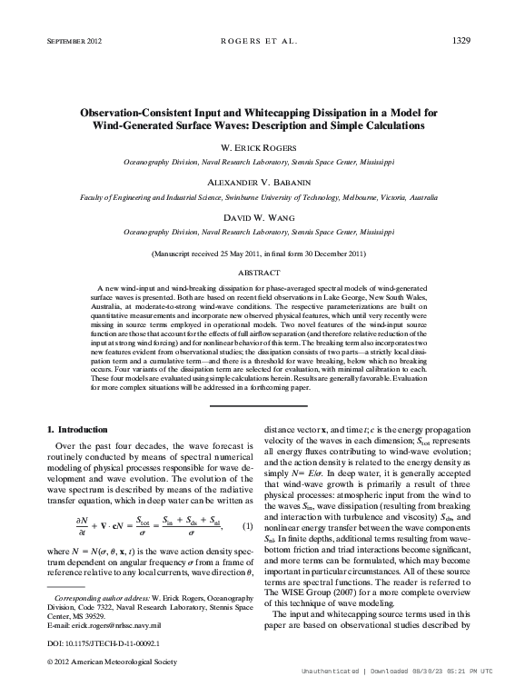 (PDF) Observation-Consistent Input and Whitecapping Dissipation in a Model for Wind-Generated ...
