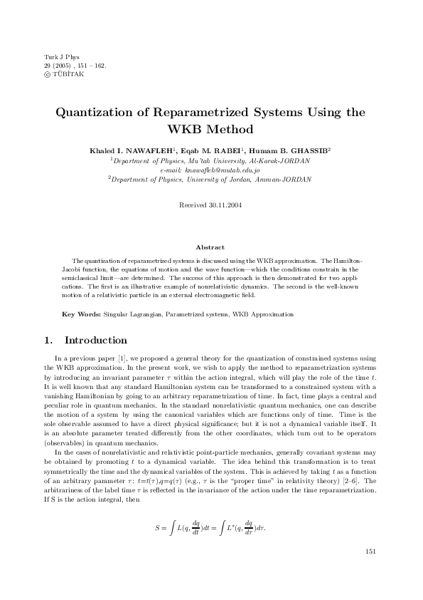 (PDF) Quantization of Reparametrized Systems Using the WKB Method | Humam Ghassib - Academia.edu