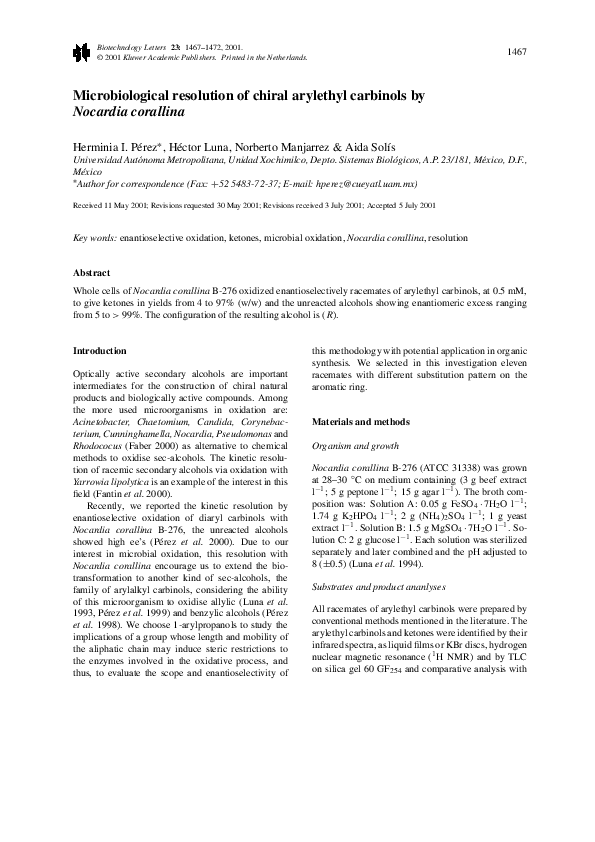 (PDF) Microbiological resolution of chiral arylethyl carbinols by ...