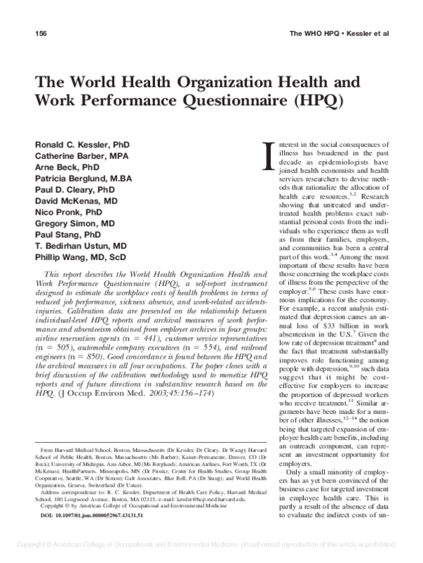 (PDF) The World Health Organization Health and Work Performance ...
