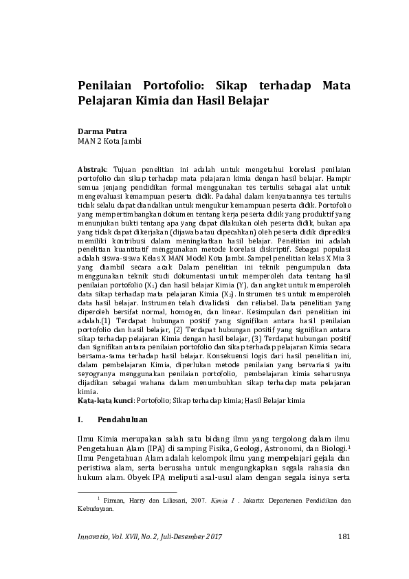 (PDF) Penilaian Portofolio: Sikap terhadap Mata Pelajaran Kimia dan Hasil Belajar