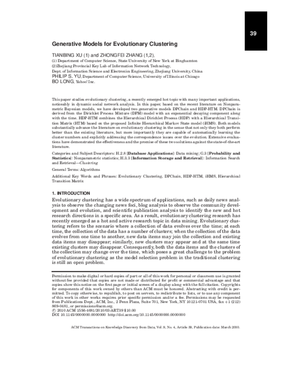 (PDF) Generative Models for Evolutionary Clustering