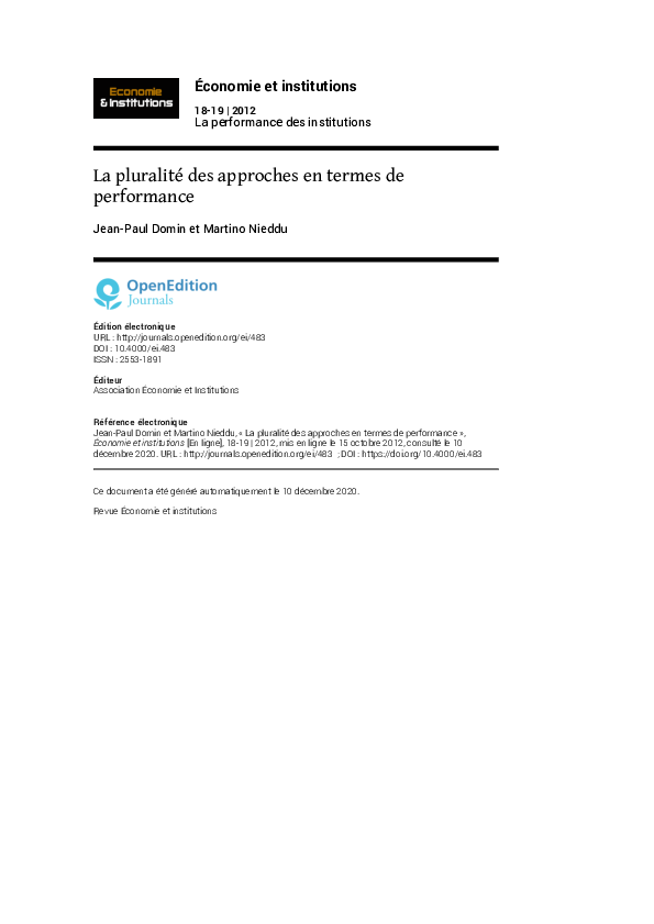 (PDF) La pluralité des approches en termes de performance