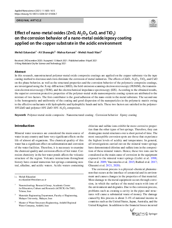 (PDF) Effect of nano-metal oxides (ZnO, Al2O3, CuO, and TiO2) on the corrosion behavior of a ...