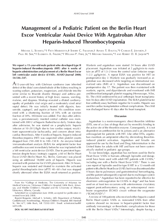 (PDF) Management of a Pediatric Patient on the Berlin Heart Excor ...