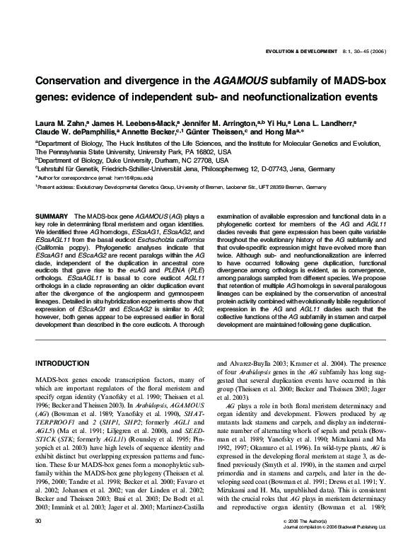 (PDF) Conservation and divergence in the AGAMOUS subfamily of MADS-box ...