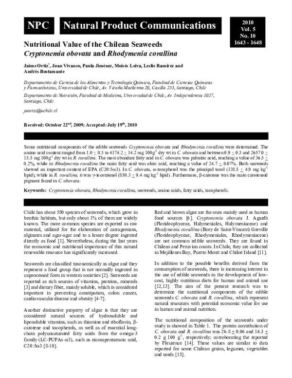 (PDF) Nutritional Value of the Chilean Seaweeds Cryptonemia Obovata and ...