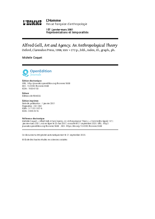 (PDF) Alfred Gell, Art and Agency. An Anthropological Theory