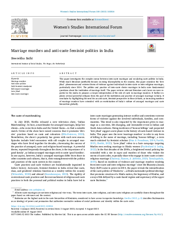 (PDF) Marriage murders and anti-caste feminist politics in India