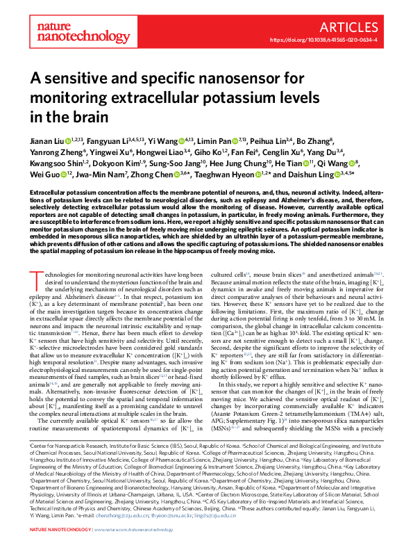 (PDF) A sensitive and specific nanosensor for monitoring extracellular ...