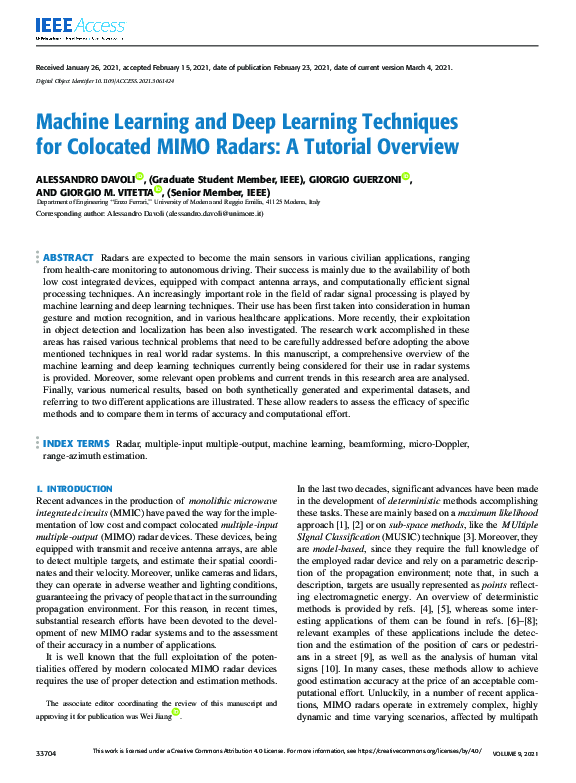 (PDF) Machine Learning and Deep Learning Techniques for Colocated MIMO Radars: A Tutorial Overview