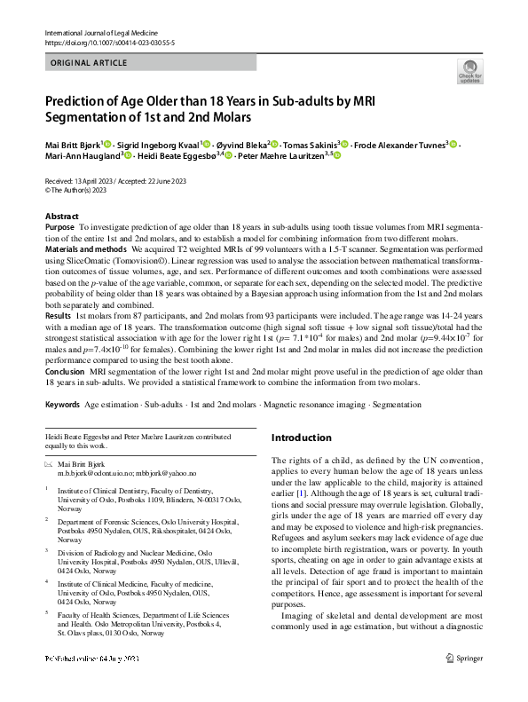 (PDF) Prediction of Age Older than 18 Years in Sub-adults by MRI ...