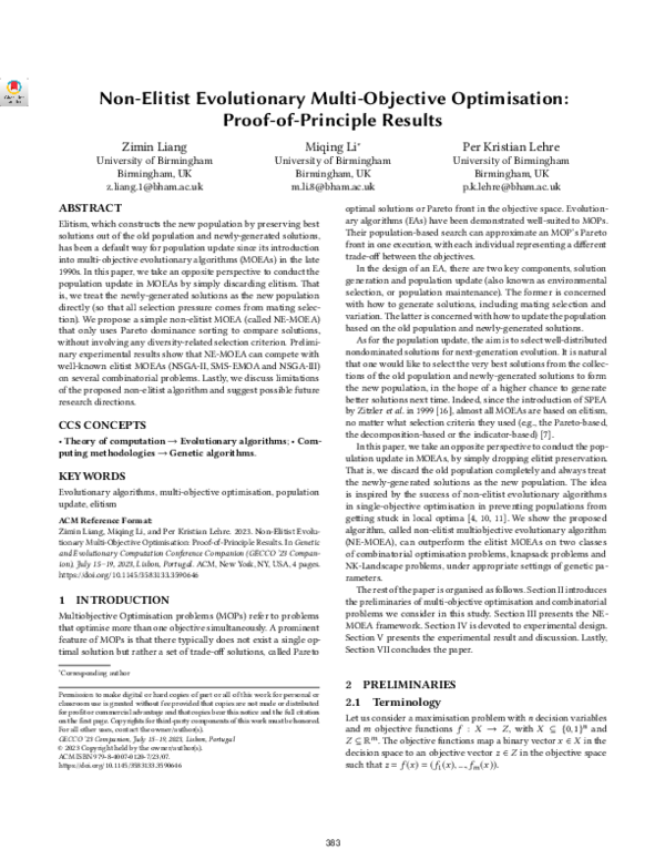 (PDF) Non-Elitist Evolutionary Multi-Objective Optimisation: Proof-of ...