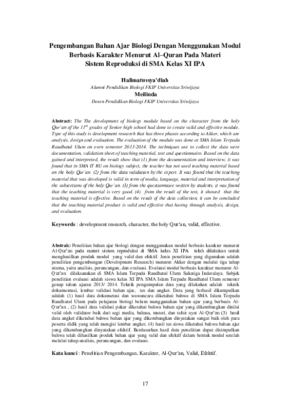 (PDF) Pengembangan Bahan Ajar Biologi Dengan Menggunakan Modul Berbasis Karakter Menurut Alâ ...