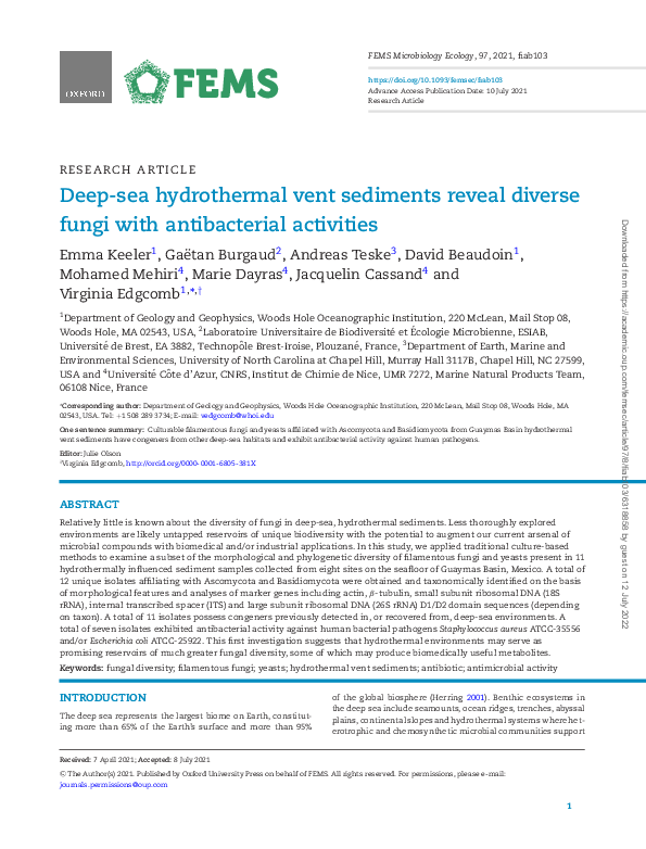 (PDF) Deep-sea hydrothermal vent sediments reveal diverse fungi with ...