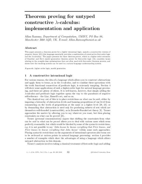 Pdf Theorem Proving For Untyped Constructive Calculus Implementation And Application Allan