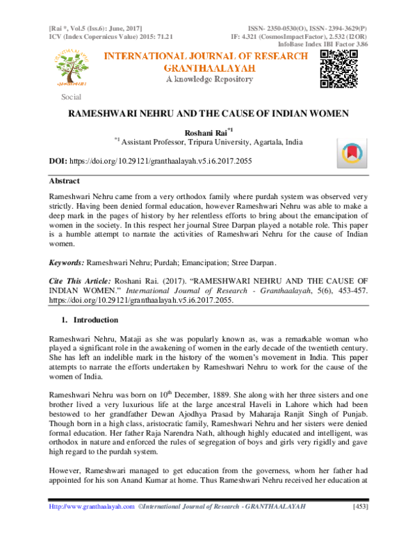 (PDF) Rameshwari Nehru and the Cause of Indian Women | Roshani Rai ...