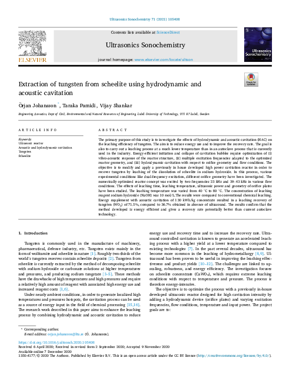 (PDF) Extraction of tungsten from scheelite using hydrodynamic and ...