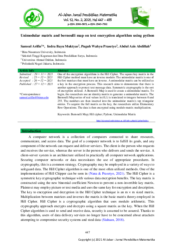 Pdf Unimodular Matrix And Bernoulli Map On Text Encryption Algorithm