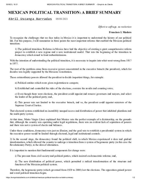 (PDF) MEXICAN POLITICAL TRANSITION A BRIEF SUMMARY