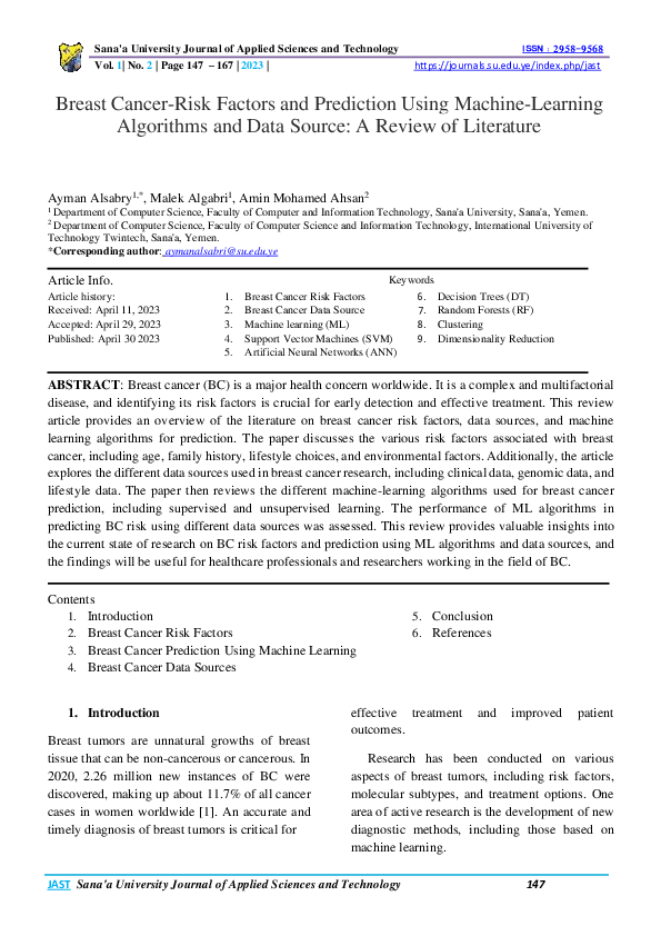 (PDF) Breast Cancer-Risk Factors and Prediction Using Machine-Learning Algorithms and Data ...