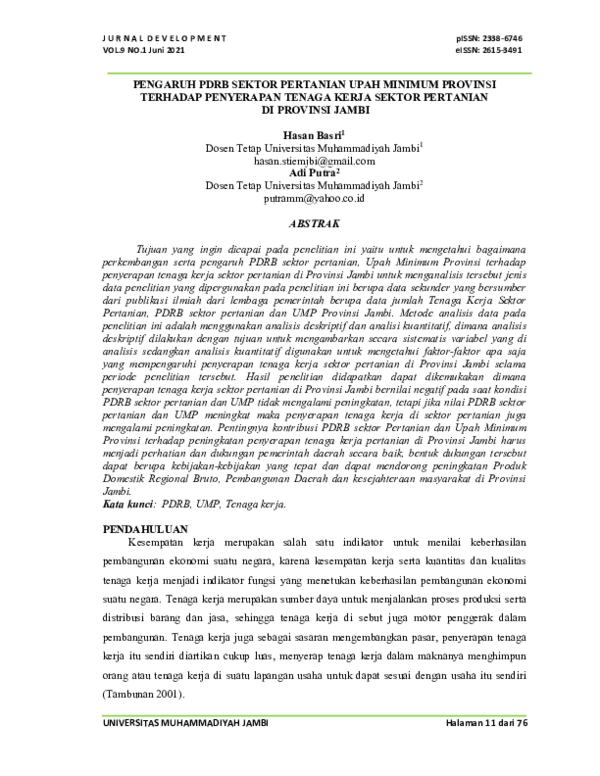 (PDF) Pengaruh PDRB Sektor Pertanian Upah Minimum Provinsi Terhadap Penyerapan Tenaga Kerja ...