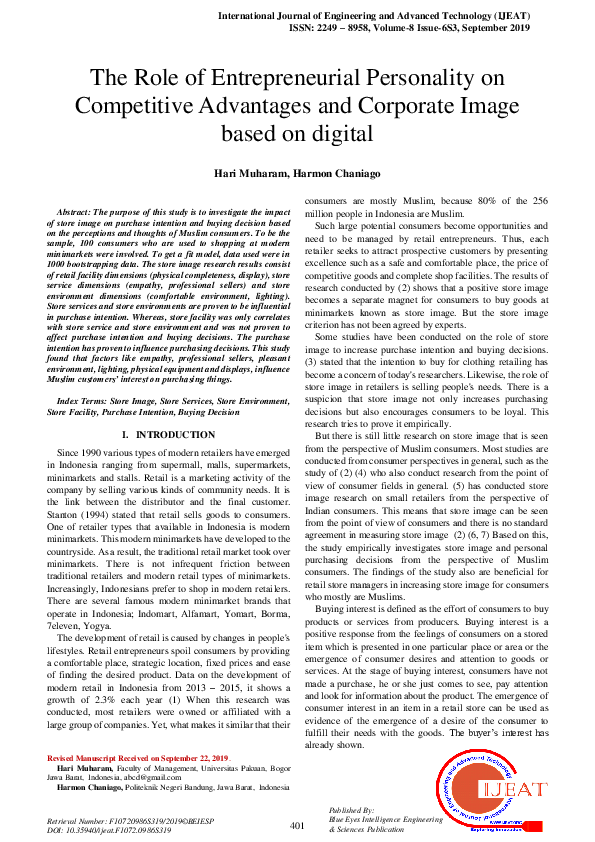 (PDF) The Role of Entrepreneurial Personality on Competitive Advantages and Corporate Image ...