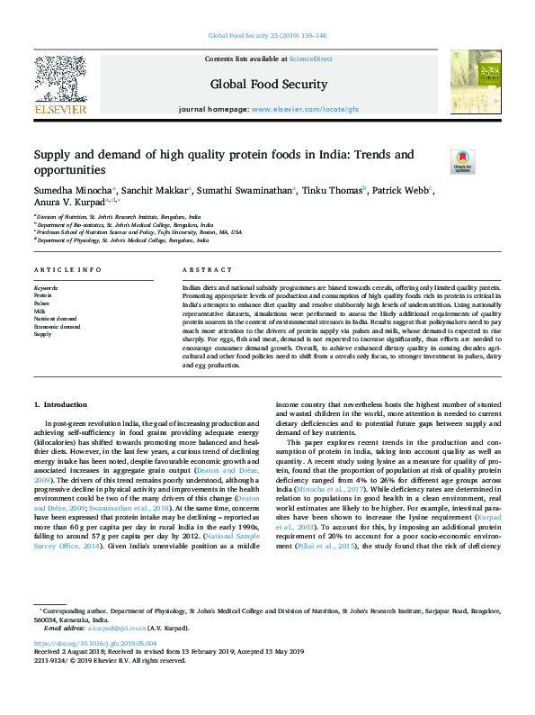 (PDF) Supply and demand of high quality protein foods in India: Trends ...