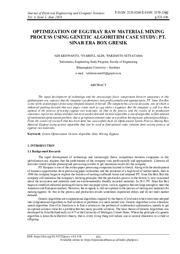 (PDF) Optimization of Eggtray Raw Material Mixing Process Using Genetic Algorithm Case Study: PT ...