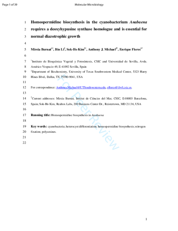 (PDF) Homospermidine biosynthesis in the cyanobacterium Anabaena ...